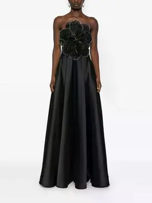 NISSA Floral Appliqué Maxi Dress - Black