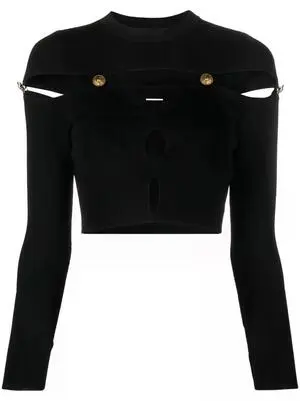 Versace Ribbed Knit Cut-out Long Sleeve Cropped Top - Black
