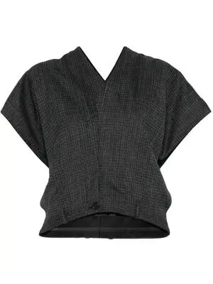 Balenciaga Wool Check Plunging V-neck Short Sleeve Top