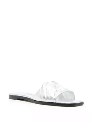 Alexander McQueen Embossed-logo Metallic Calf Leather Slides - Silver