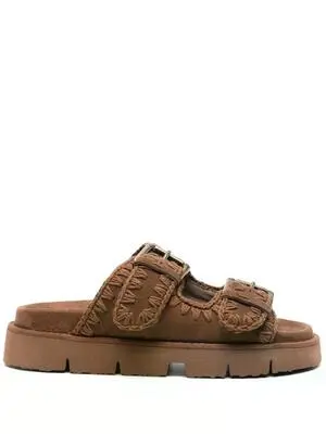 Mou Suede Slides With Whipstitch Trim - Brown