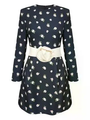 POST MERIDIEM Rose-print Belted Mini Dress - Blue