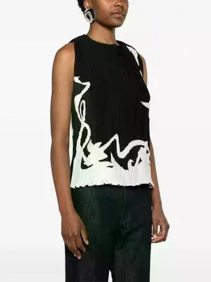 LANVIN Abstract Print Pleated Sleeveless Blouse