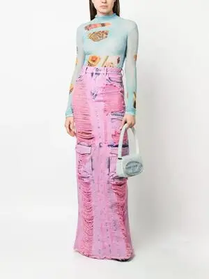 Gcds Frayed Denim Cargo Maxi Skirt - Pink