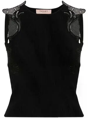 TWINSET Lace Detail Ribbed Knit Top - Black