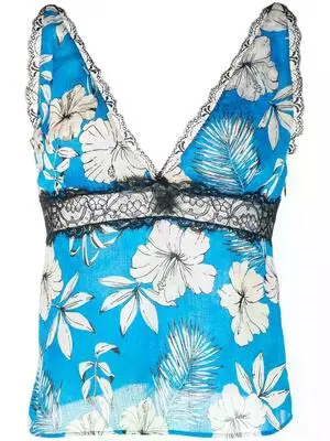 Pinko Floral-print Lace-trimmed V-neck Top - Blue