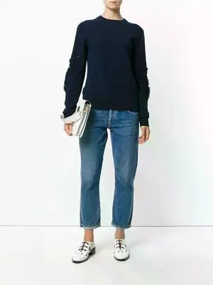 BARRIE Round Neck Pullover With Embroidered Sleeves - Blue