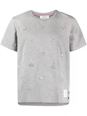 Thom Browne Embroidered Cotton T-shirt - Grey