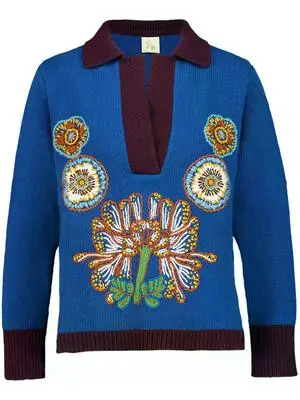PAULA Embroidered V-neck Sweater - Blue