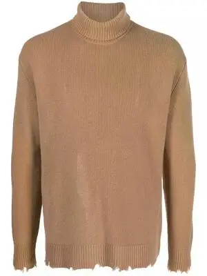 LANEUS Wool Ripped Detail Roll Neck Sweatshirt - Brown