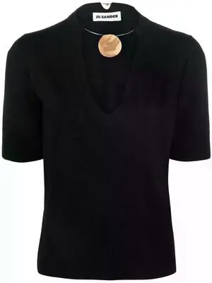 JIL SANDER Virgin Wool Plunging V-neck Short-sleeve Top With Gold-tone Hardware - Black