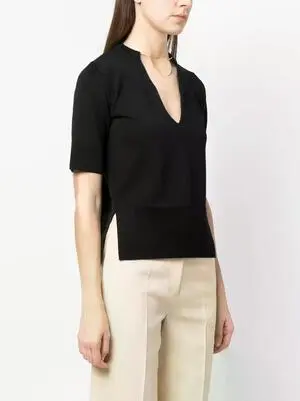 JIL SANDER Virgin Wool Plunging V-neck Short-sleeve Top With Gold-tone Hardware - Black