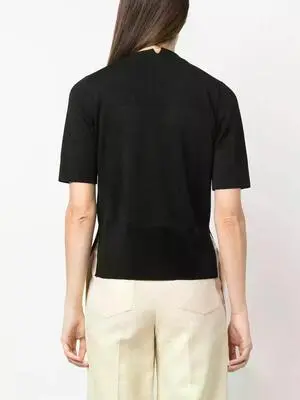 JIL SANDER Virgin Wool Plunging V-neck Short-sleeve Top With Gold-tone Hardware - Black