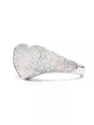 Yvonne Léon 9kt White Gold Pavé Diamond Heart Motif Signet Ring