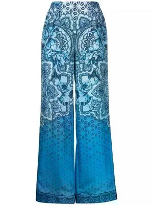 Alberta Ferretti Silk Graphic-print Wide-leg Trousers - Blue