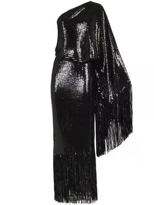 TALLER MARMO Sequined One-shoulder Maxi Dress With Fringed Detailing - Black