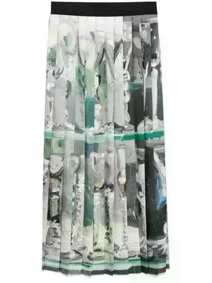 MSGM Pleated Maxi Skirt With Painterly Print - Grey