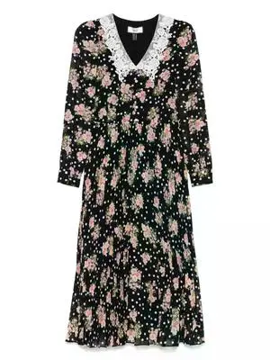 NISSA Printed Midi Dress With Lace Collar - Black