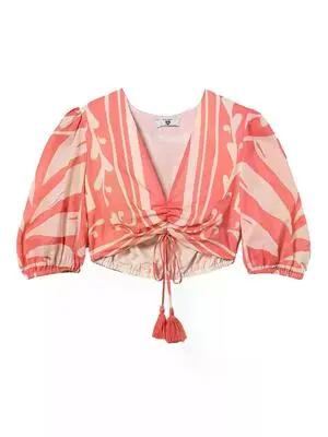 TWINSET Cropped Puff Sleeve Top With Floral Stripe Pattern