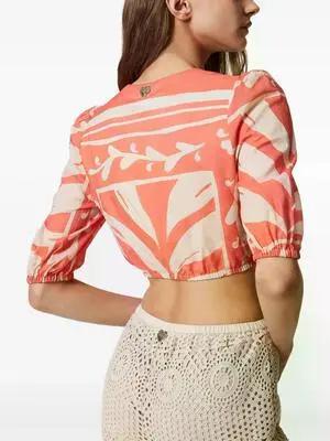 TWINSET Cropped Puff Sleeve Top With Floral Stripe Pattern