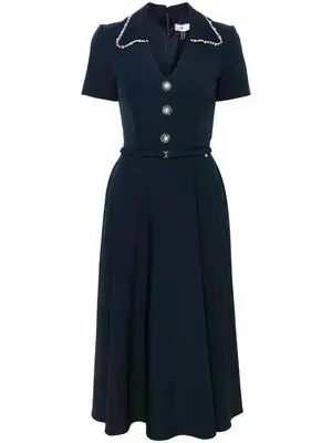 NISSA V-neck Belted Midi Dress With Faux-pearl Detailing - Blue