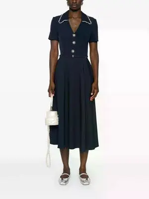 NISSA V-neck Belted Midi Dress With Faux-pearl Detailing