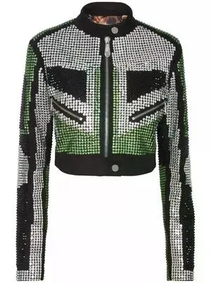 Philipp Plein Philipp Plein Embellished Cropped Biker Jacket Silver