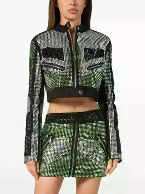 Philipp Plein Embellished Cropped Biker Jacket - Silver