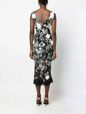 Marchesa Floral Appliqué Midi Dress