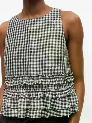 GANNI Check-print Ruffled Sleeveless Top