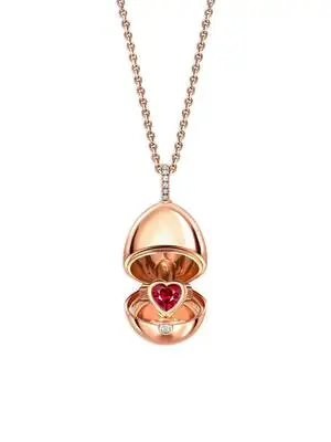 Faberge 18kt Rose Gold Egg Locket Necklace With Ruby And Diamonds - Red