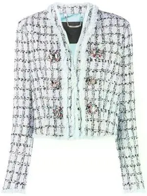 Philipp Plein Single-breasted Tweed Blazer With Crystal Embellishments - Blue