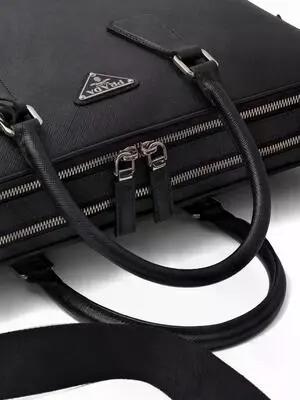 Prada Saffiano Leather Briefcase With Enamelled Metal Triangle Logo - Black