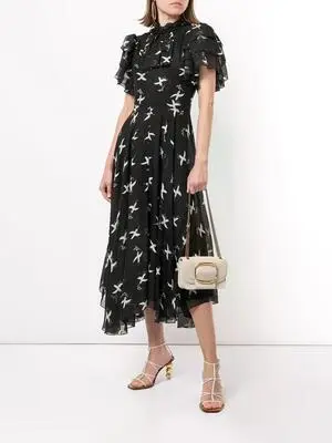 MACGRAW Flight Bird Print Silk Chiffon Dress - Black