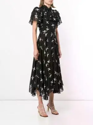 MACGRAW Flight Bird Print Silk Chiffon Dress
