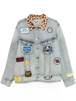 GALLERY DEPT. Distressed Denim Jacket With Animal Print Collar And Slogan Back