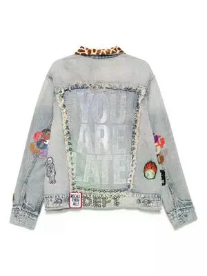 GALLERY DEPT. Distressed Denim Jacket With Animal Print Collar And Slogan Back