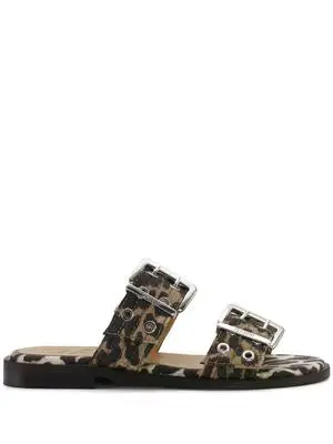GANNI Leopard Print Buckle Sandals - Brown