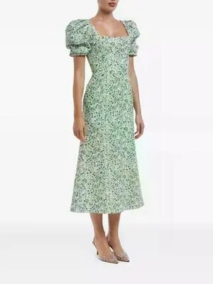 POST MERIDIEM Godet-gilhoutte Square-neck Midi Dress - Green