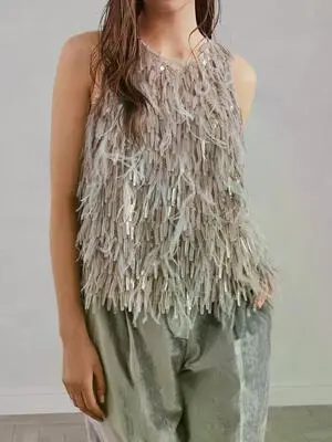 Brunello Cucinelli Sleeveless Feather Embellished Top - Neutrals