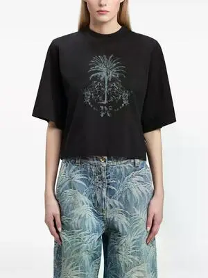 Palm Angels Cropped Cotton T-shirt With Palm Tree Print