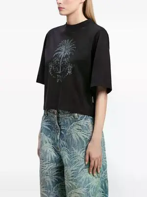 Palm Angels Cropped Cotton T-shirt With Palm Tree Print