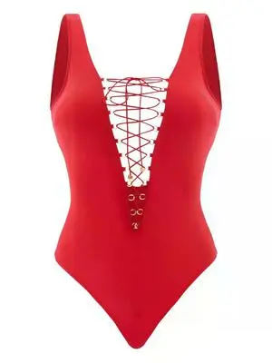 NOIRE SWIMWEAR Lace-up Plunge One Piece - Red