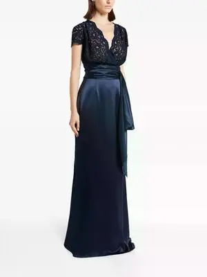 Talbot Runhof V-neck Gown With Lace Panelling And Tied Waist