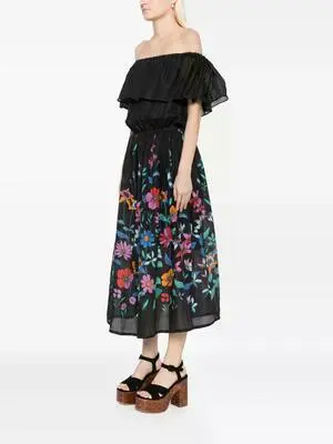 BAMBAH Linen Hibiscus Off-shoulder Dress - Black