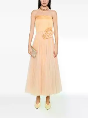 PARLOR Strapless Floral Appliqué Midi Dress - Orange