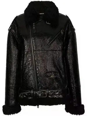 Dolce & Gabbana Pebbled Leather Jacket With Frilled Collar