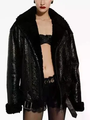 Dolce & Gabbana Pebbled Leather Jacket With Frilled Collar