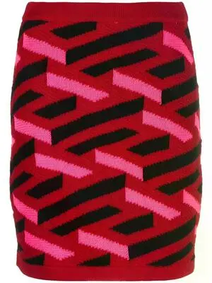 Versace Geometric Intarsia Knitted Skirt - Red