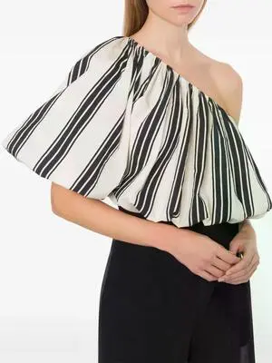 Philosophy Di Lorenzo Serafini One-shoulder Striped Top With Bishop Sleeves And Side Tie